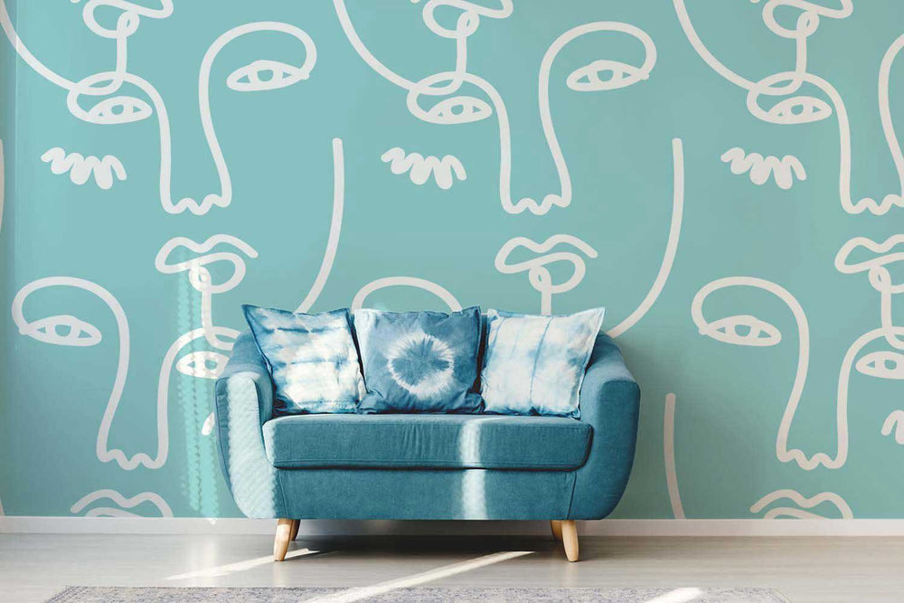 Blue Abstract Faces 2 Wall Mural - Abstract Wallpaper - Eazywallz
