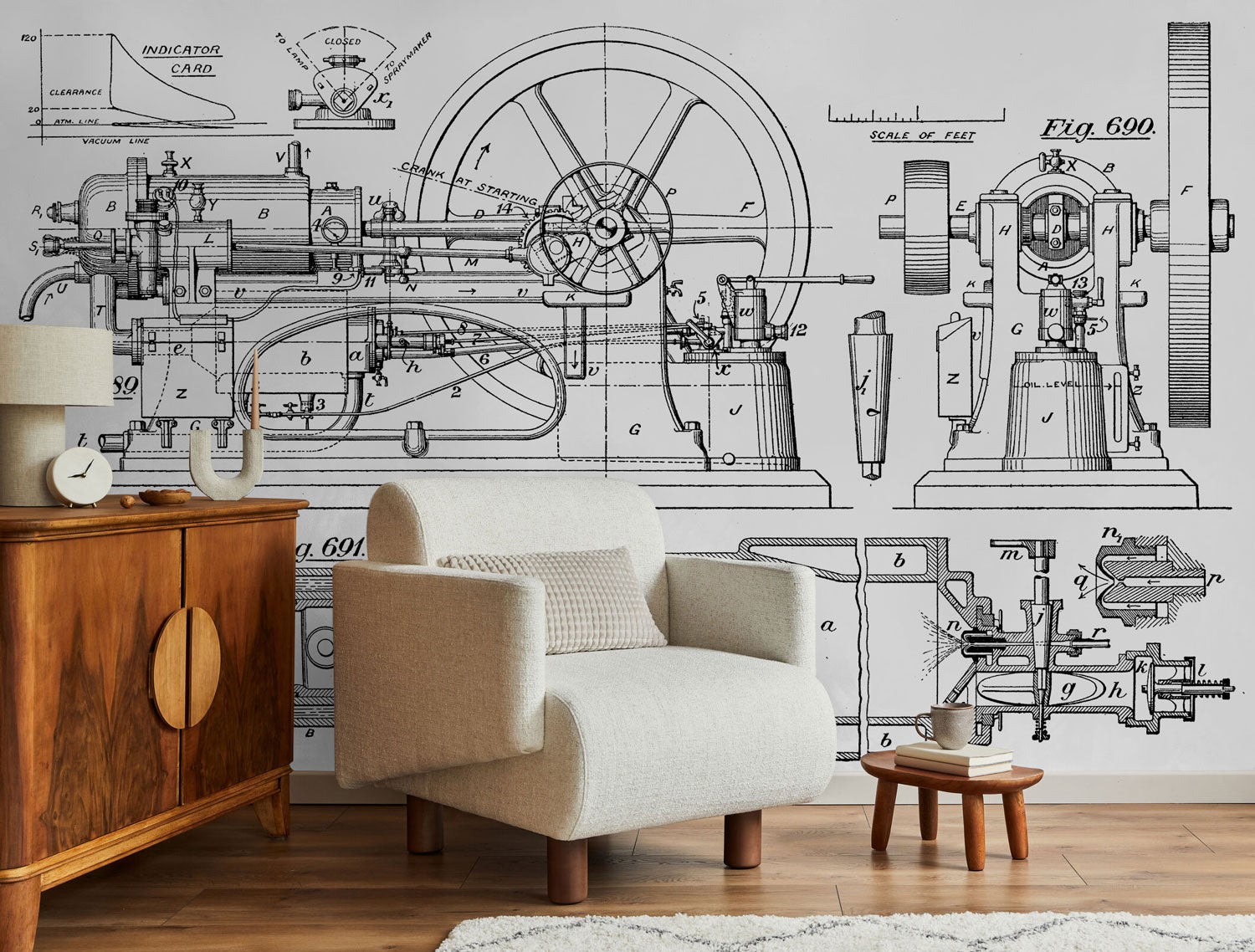Black and White Vintage Steam Engine Blueprint Wall Mural | Eazywallz